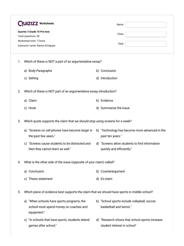 Grade 10 Argumentative Essay Pre-test | PDF | Poetry | Feminism