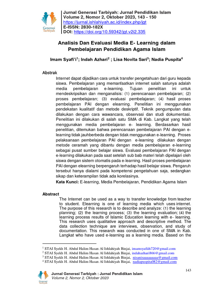 Analisis Dan Evaluasi Media e - Learning Dalam Pembelajaran Pendidikan Agama Islam | PDF