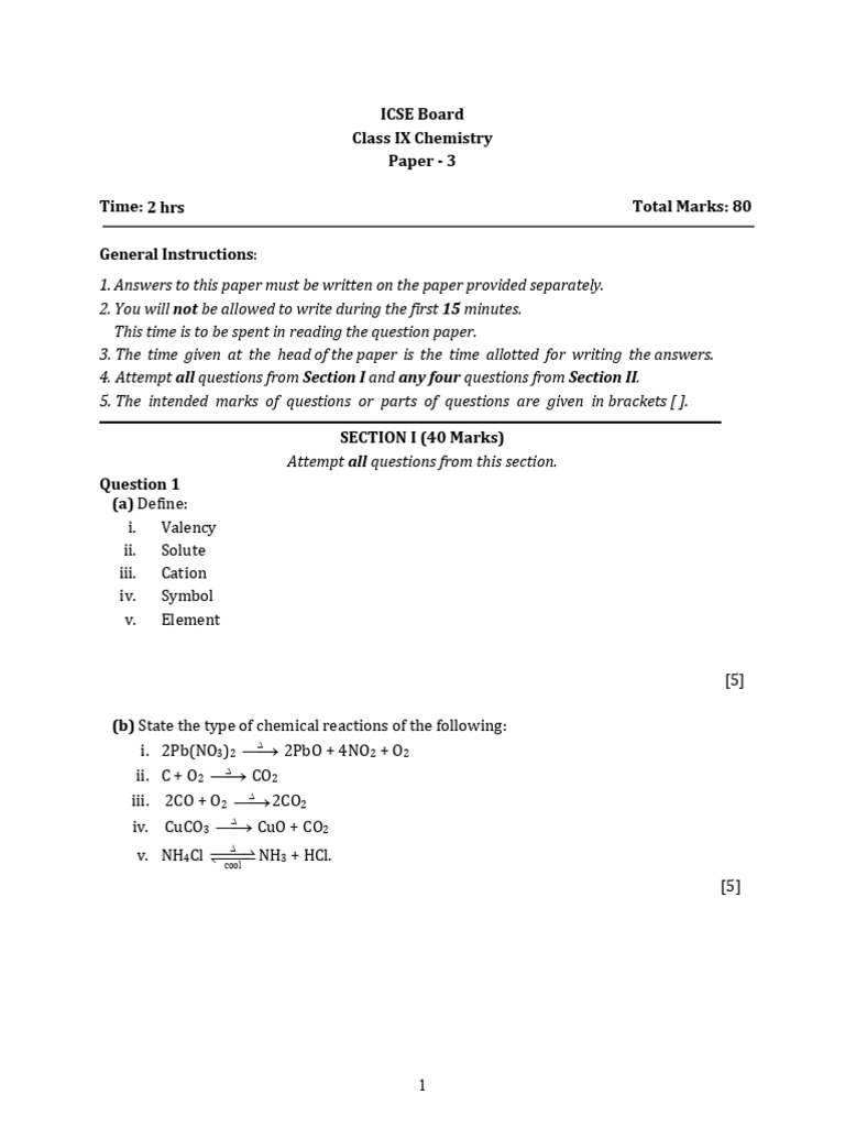 ICSE Class IX Chemistry Exam Paper | PDF | Chlorine | Acid