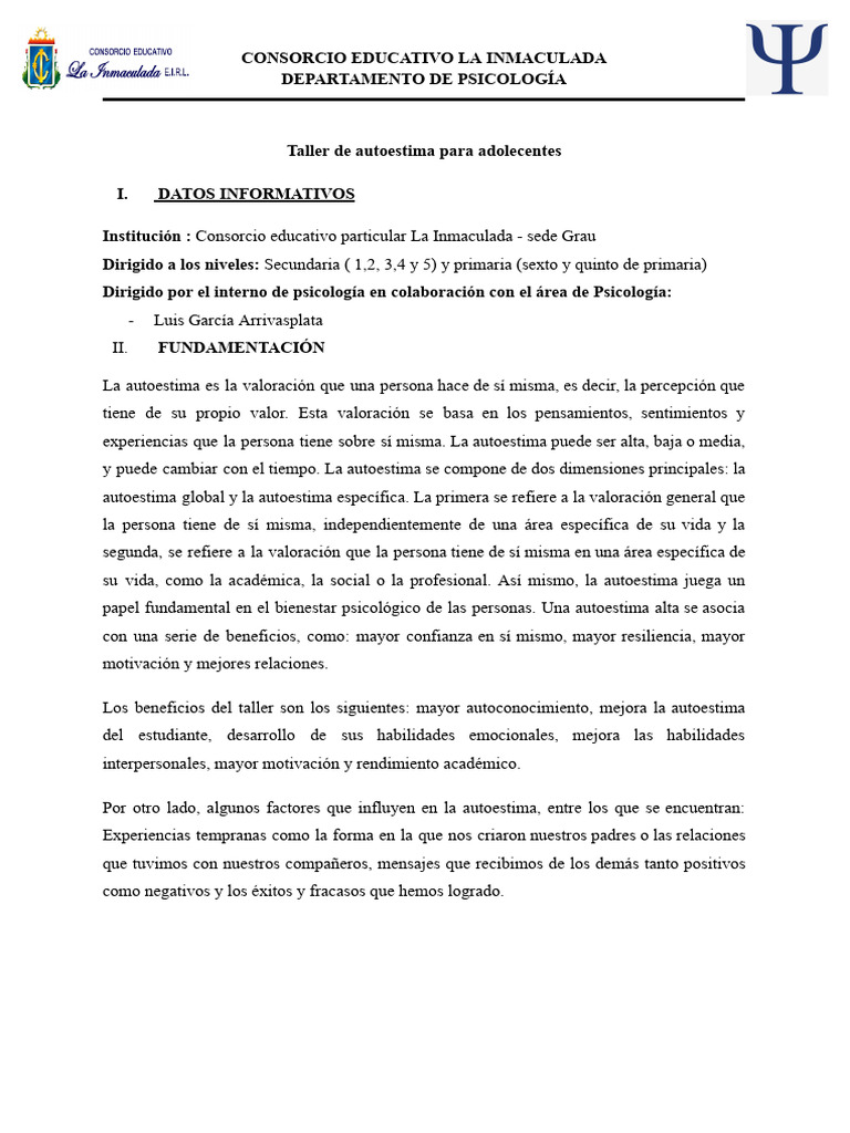 Taller De Autoestima Para Adolecentes Descargar Gratis Pdf