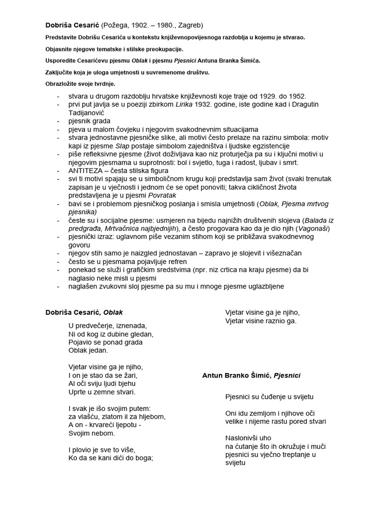 Cesaric Oblak Simic Pjesnici | PDF