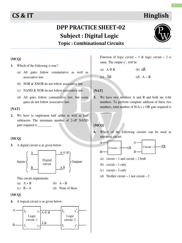 02 Practice Sheet Digital Electronics Iswar Sir Upendra Pal 2 1 | PDF | Logic Gate | Digital ...
