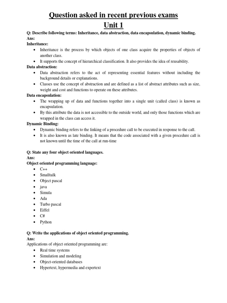 Unit 1 Model Paper Qa Download Free Pdf Object Oriented Programming Class Computer