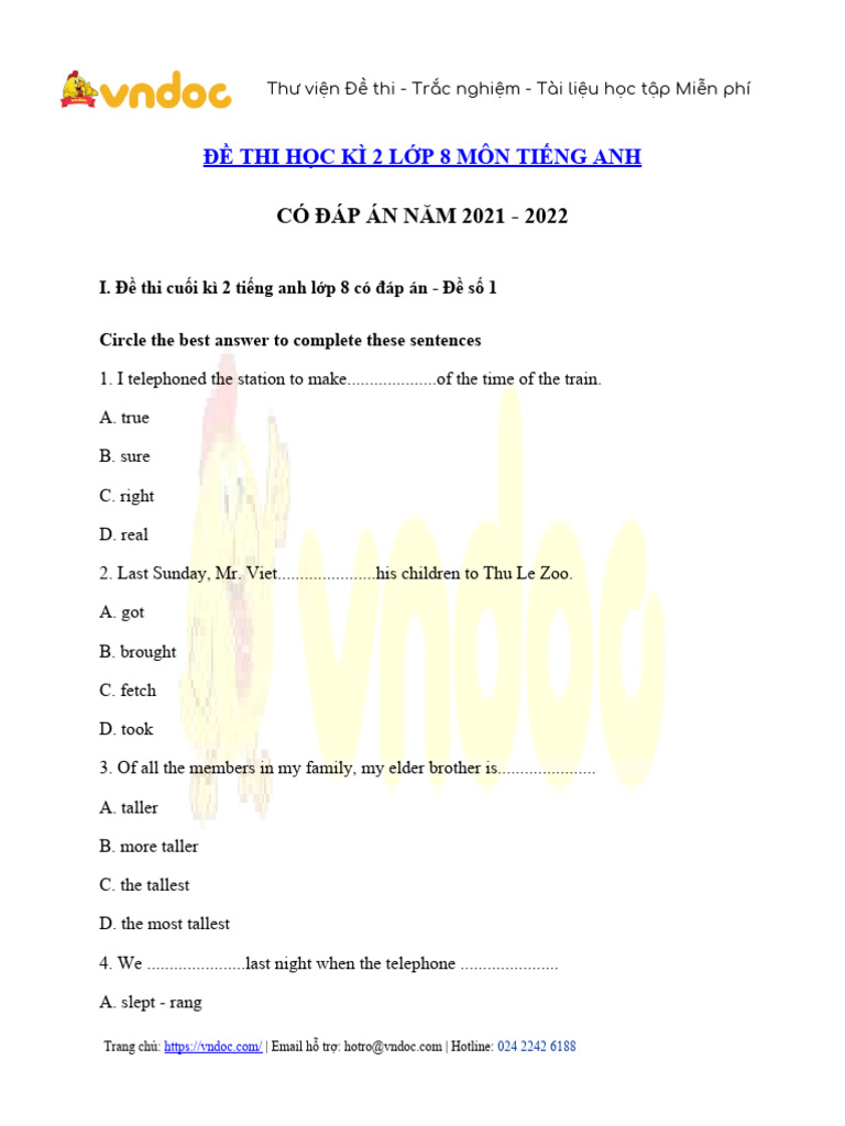 De Thi Hoc Ky 2 Mon Tieng Anh Lop 8 Co Dap An | PDF