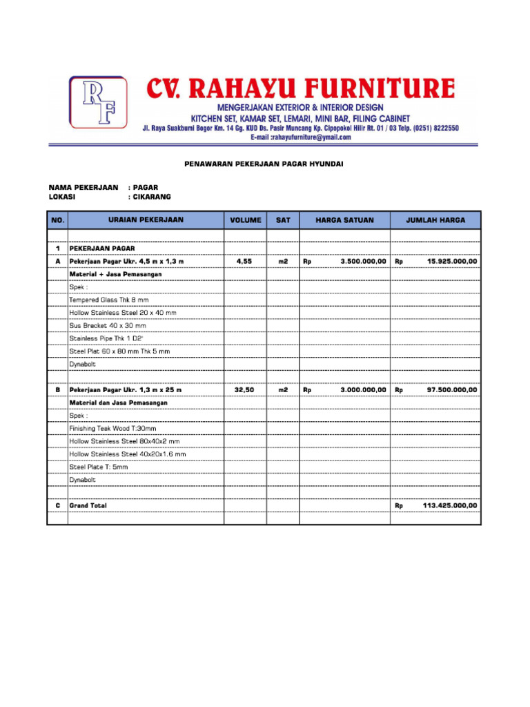 Rab Cv. Rahayu Pekerjaan Pagar Hyundai | PDF