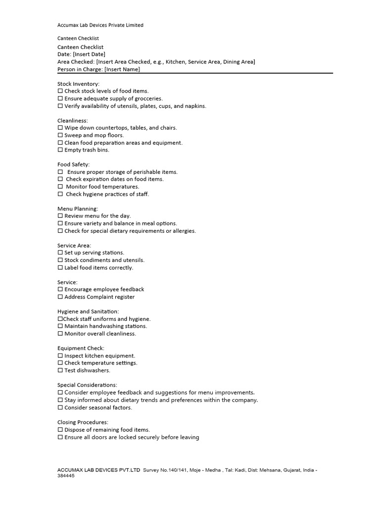 Canteen Checklist for Accumax Lab Devices | PDF | Wellness | Technology ...