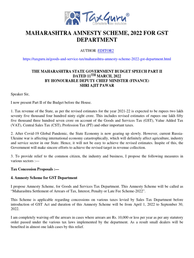 Maharashtra GST Amnesty Scheme 2022 | PDF | Taxes | Value Added Tax