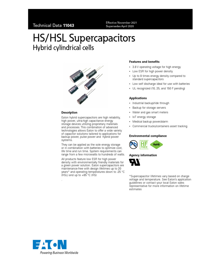 Eaton Supercapacitor Hybrid Cylindrical Cells Data Sheet | PDF ...