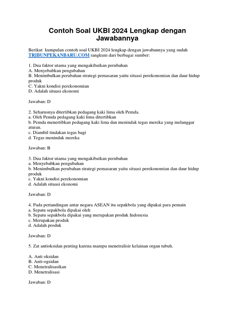 LINK PDF Contoh Soal UKBI 2024 Lengkap Dengan Jawabannya | PDF