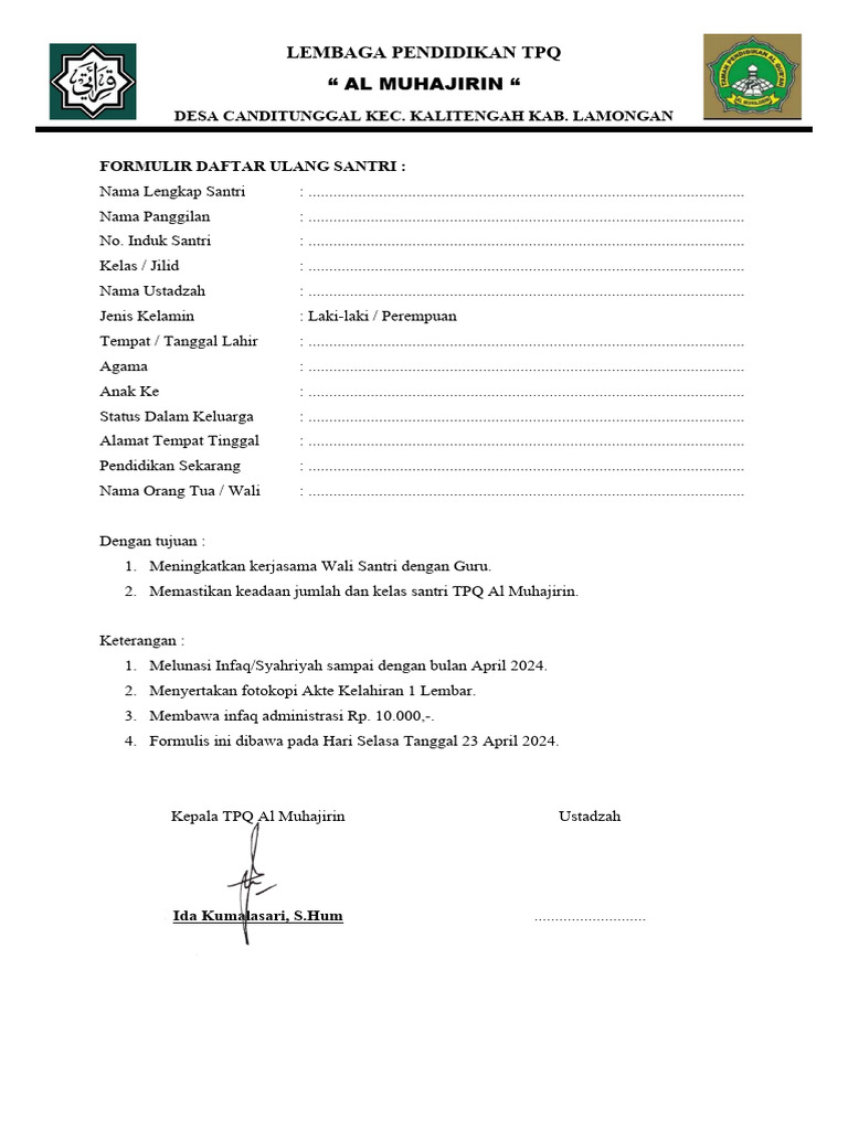 Formulir Pendaftaran TPQ | PDF | Karier & Perkembangan