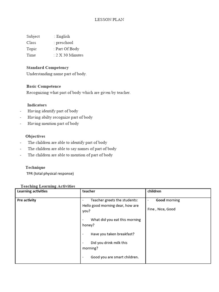 Preschool English: Body Parts Lesson | PDF | Teachers | Lesson Plan
