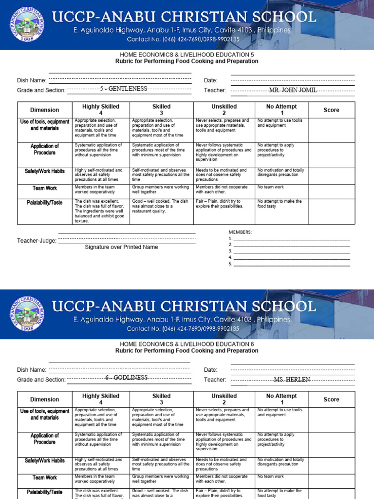Rubric For Performing Cooking | PDF | Cooking | Tools