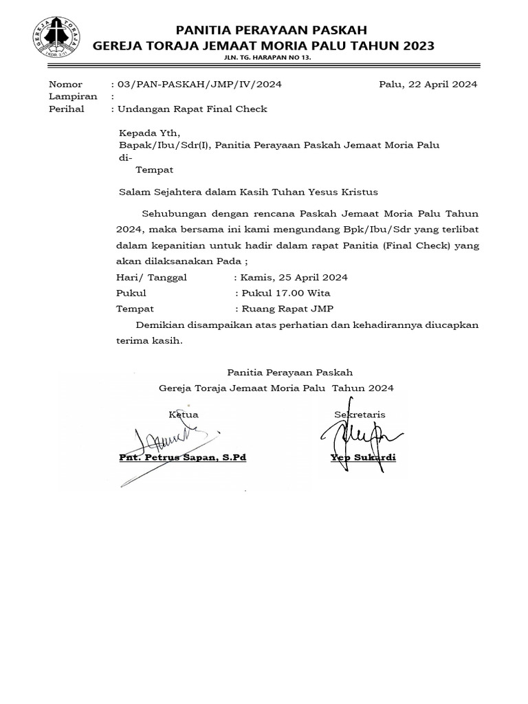 Undangan Final Check Panitia Paskah 2024 | PDF