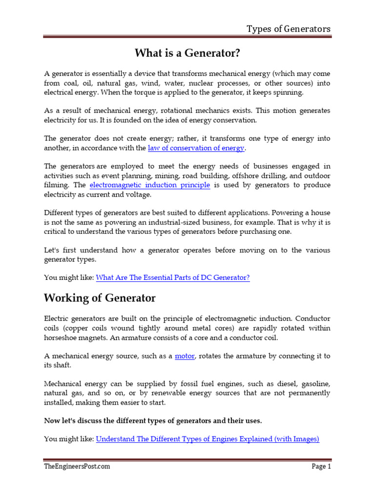 Types of Generators | PDF | Electric Generator | Electromagnetic Induction