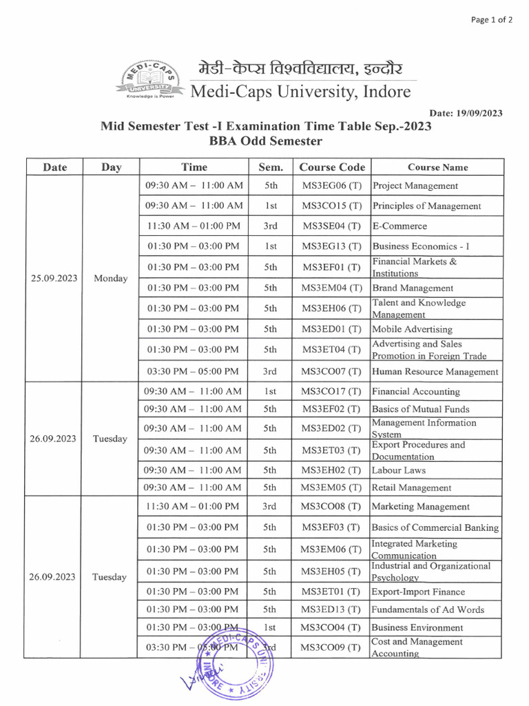 Bba All Mid Semester Test I Examination Time Table Sep 2023 Odd Sem