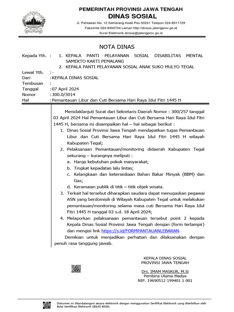 Nota Dinas Pemantauan Dan Cuti Lebaran | PDF