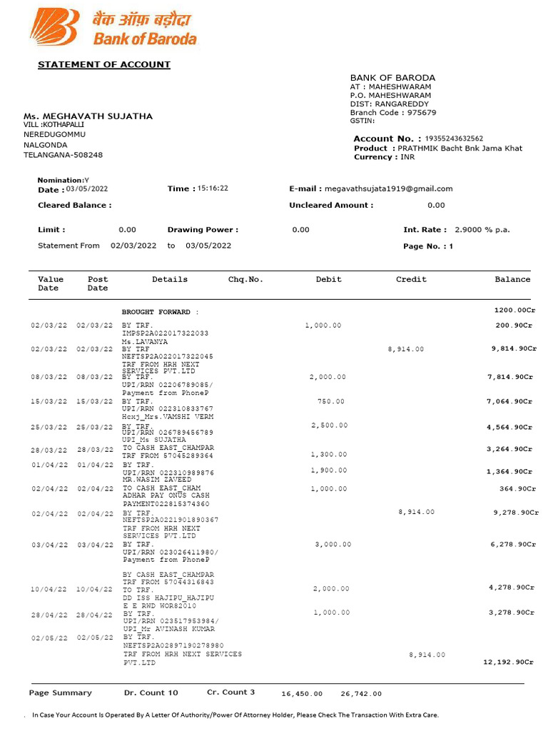 Bank Statement Summary for Ms. Sujatha | PDF | Debits And Credits | Cash