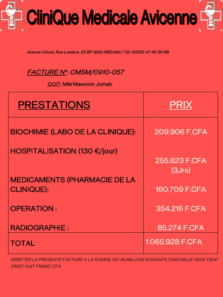 Facture Clinique Médicale Avicenne | PDF