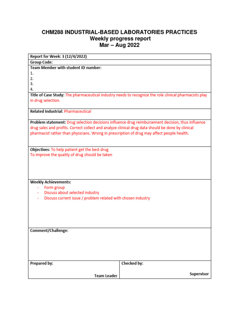 Contoh - CHM288 Weekly Report | PDF