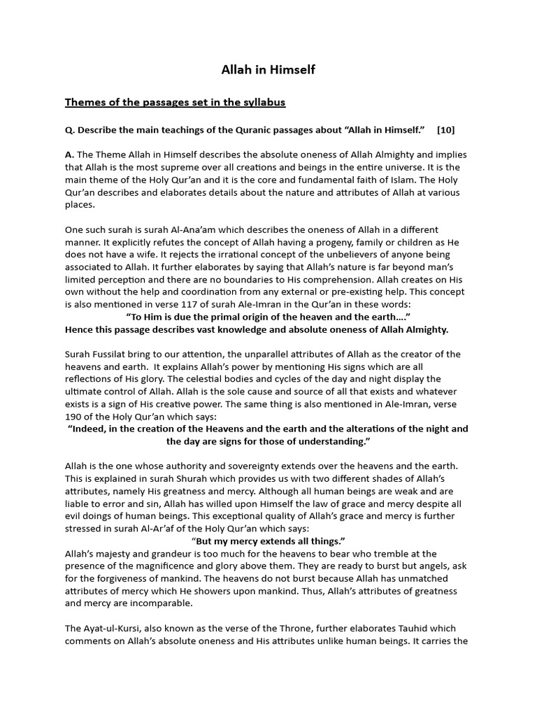 Allah in Himself Theme Answer | PDF | God In Islam | Tawhid