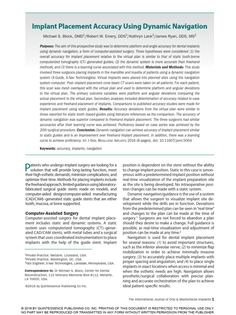 Seminario 6. Implant Placement Accuracy Using Dynamic Navigation | PDF | Dental Implant | Ct Scan