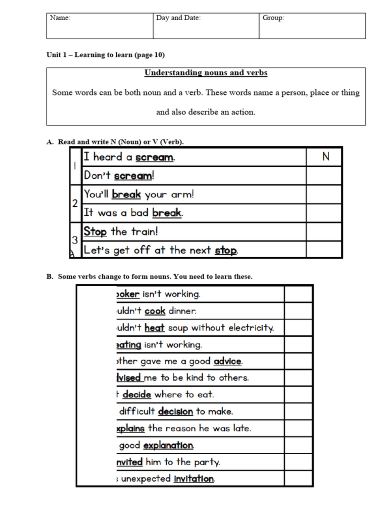 Nouns and Verbs: Learning Guide | PDF