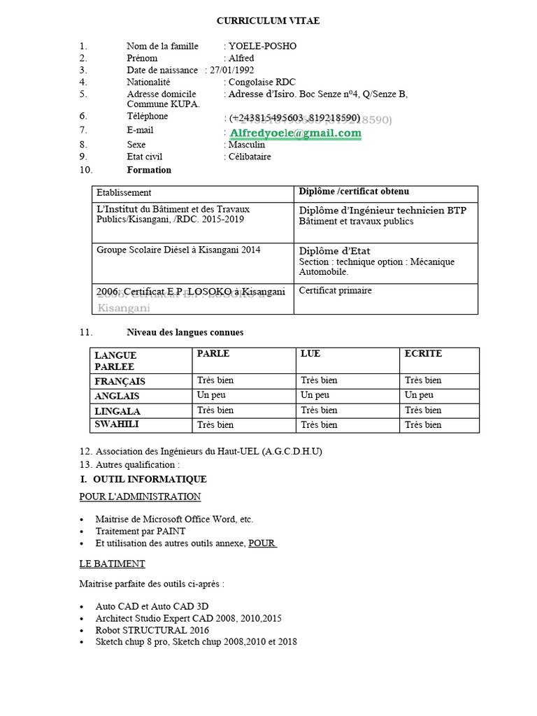 CV d'Alfred YOELE-POSHO, Ingénieur BTP | PDF | Ingénierie