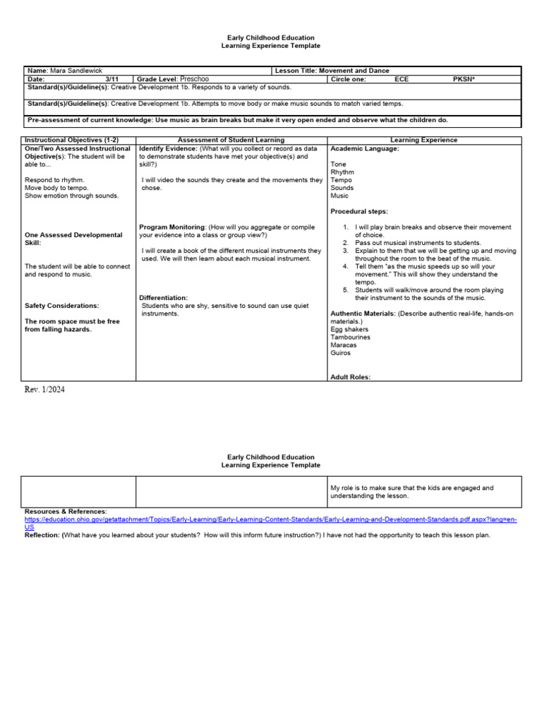 Movement and Dance Lesson Plan ECE | PDF