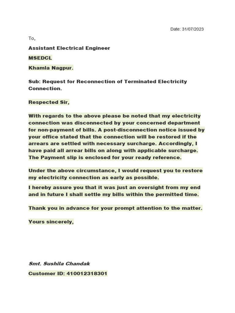 chandak mseb reconnection letter | PDF chandak mseb reconnection letter | PDF