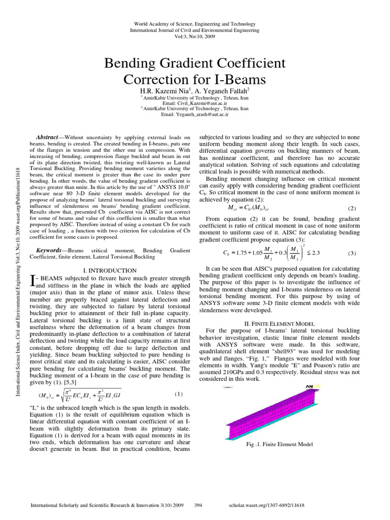 Bending Gradient Coefficient Correction For I-Beams: H.R. Kazemi Nia, A ...