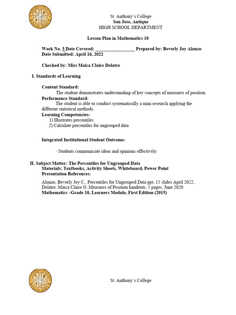 Lesson Plan Math 10 (Percentiles For Ungrouped Data) | PDF | Percentile | Learning