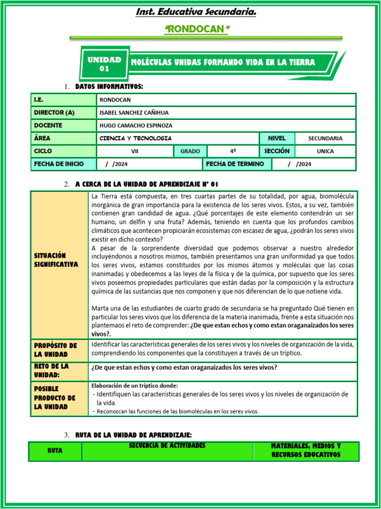 4º Unidad 1 Cyt - 2024 | PDF | Organismos | Aprendizaje