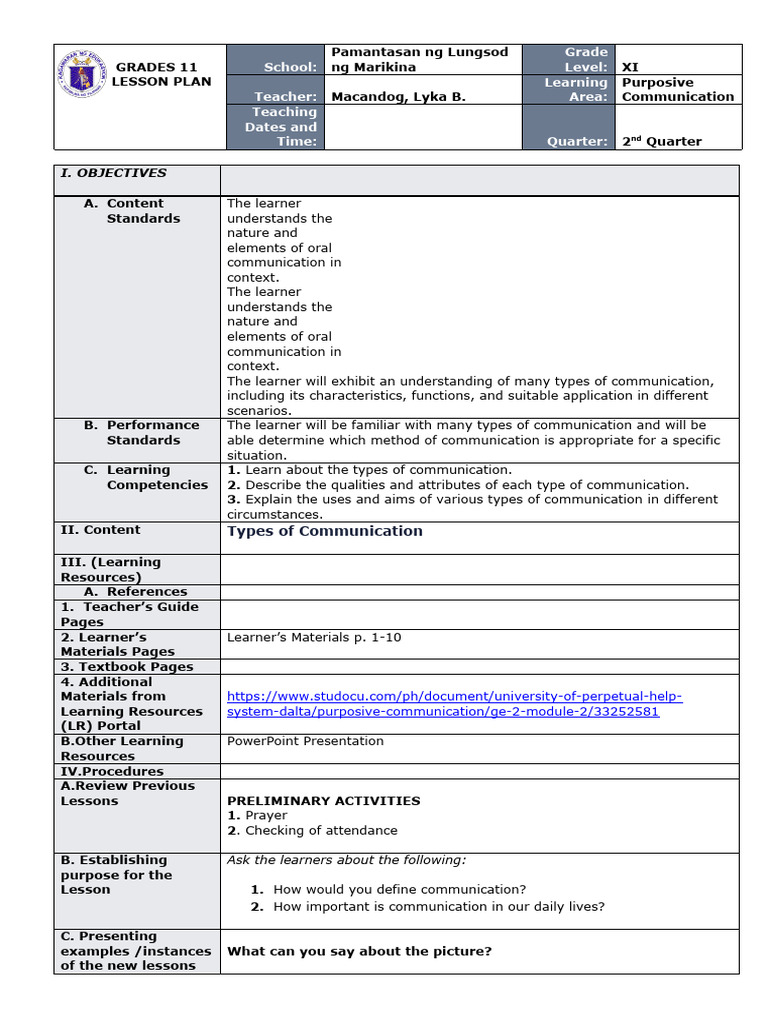 Lesson Plan (MACANDOG - 3EDFIL6A) | PDF | Communication | Learning