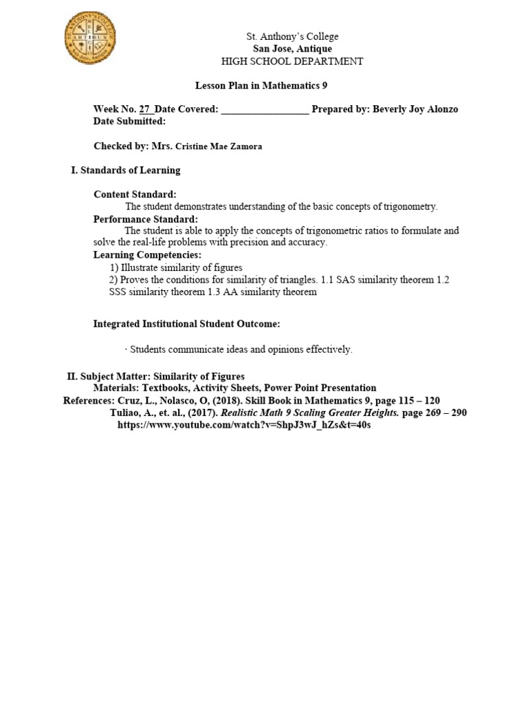 Lesson Plan Math 9 (Week 27) | PDF | Euclidean Plane Geometry | Euclidean Geometry