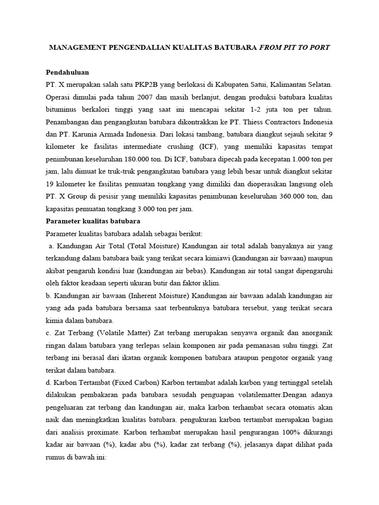 Pengendalian Kualitas Batubara dari Pit ke Port | PDF
