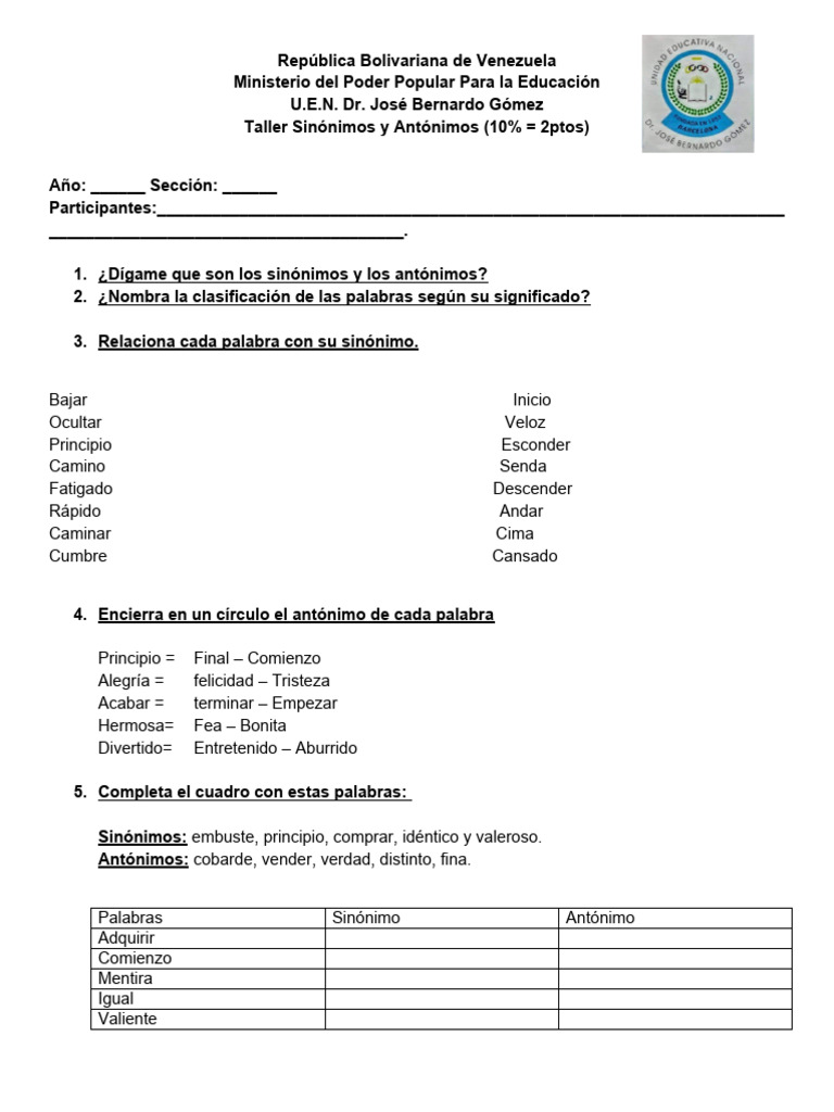 Taller de Sinónimos y Antónimos | PDF