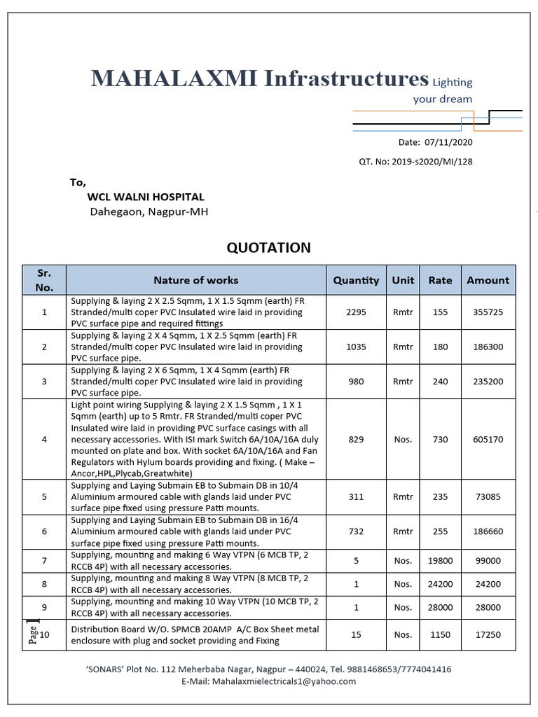 Electrical Quotation for WCL Walni Hospital | PDF | Electricity ...