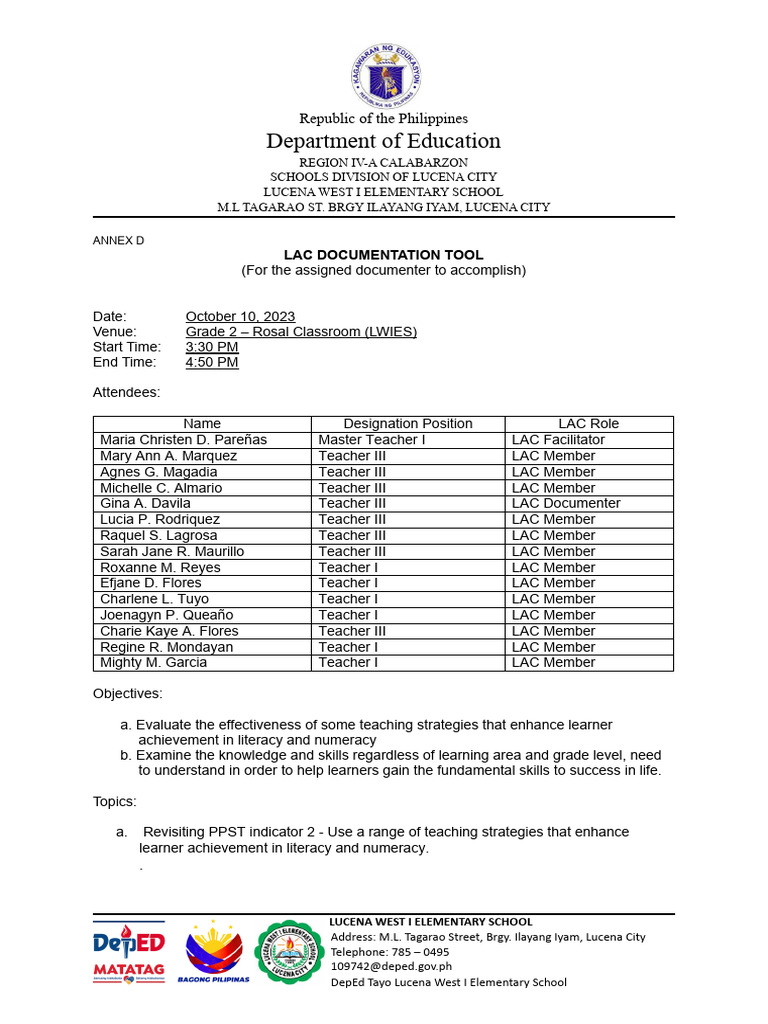 Lac-Documentation-Oct 10 | PDF | Teachers | Literacy