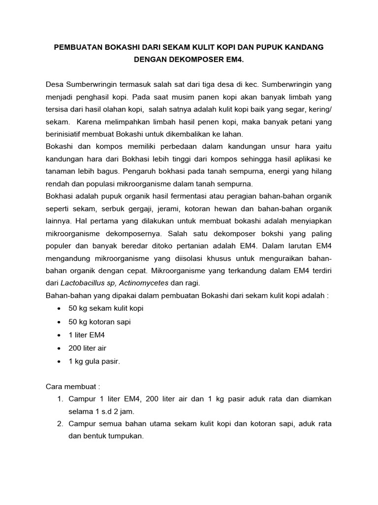 Pembuatan Bokashi Dari Sekam Kulit Kopi Dan Pupuk Kandang Dengan Dekomposer Em4 | PDF | Memasak ...