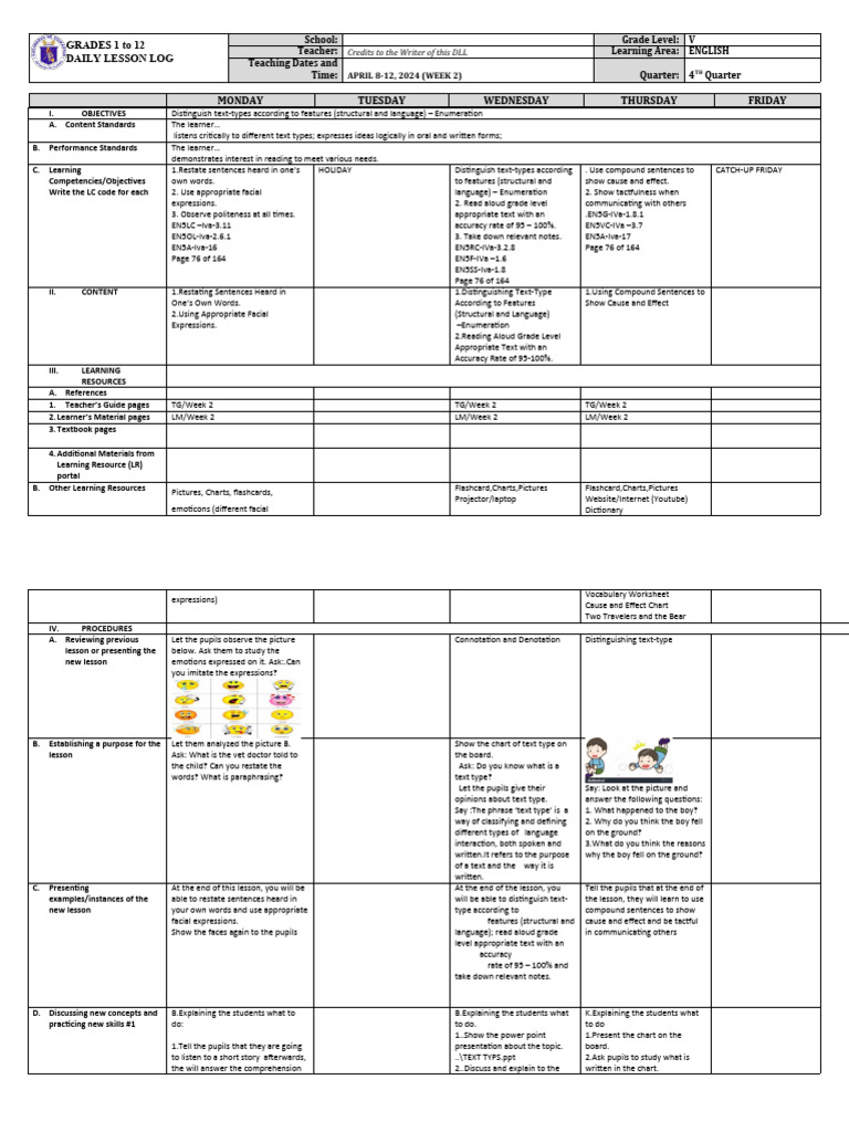 Grade-5-DLL-English-5-Q4-Week-2 | PDF | Reading Comprehension | Linguistics