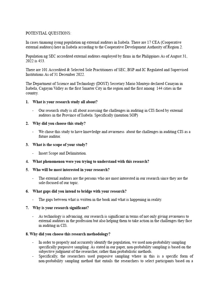 Potential Questions | PDF | Financial Audit | Audit
