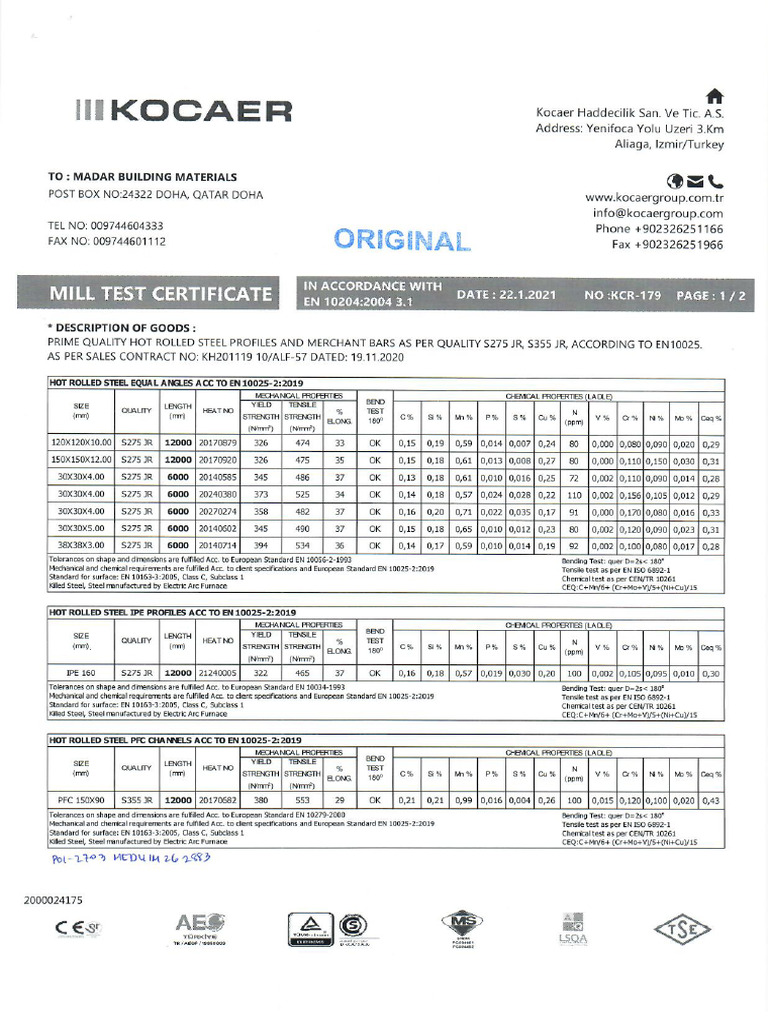 MTC For Hot Rolled Steel | PDF