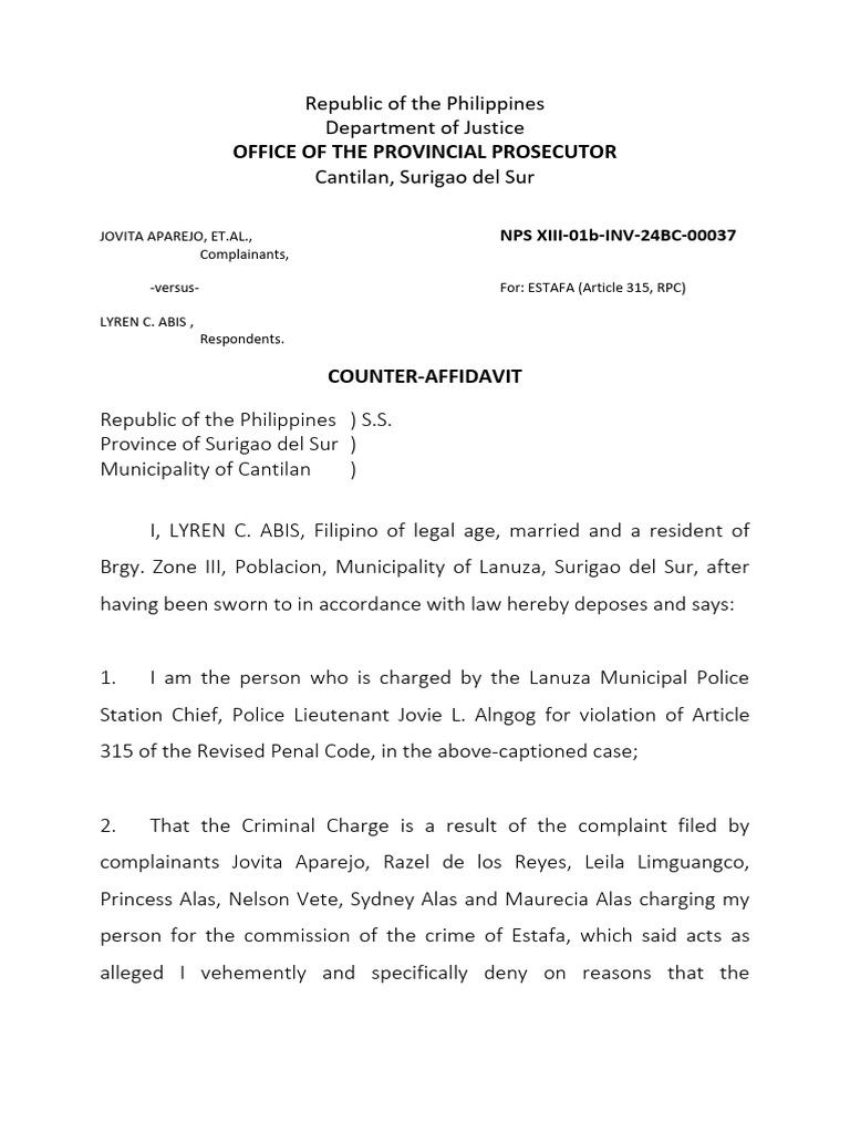 Counter-Affidavit Estafa | PDF | Fraud | Probable Cause