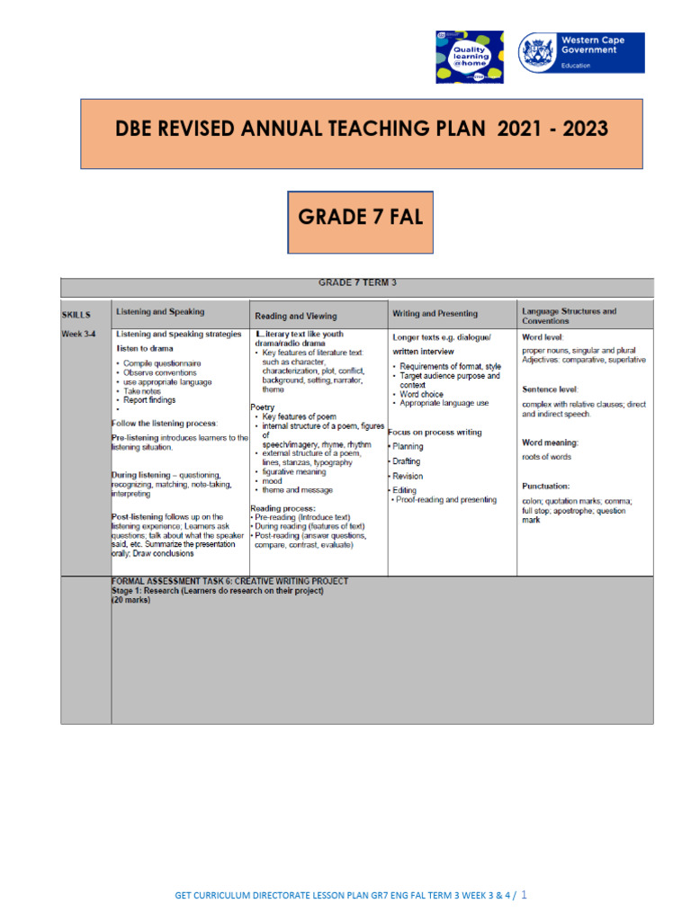 Lesson Plan Gr7 Eng FAL T3 W3 & 4 | PDF | English Language | Adjective