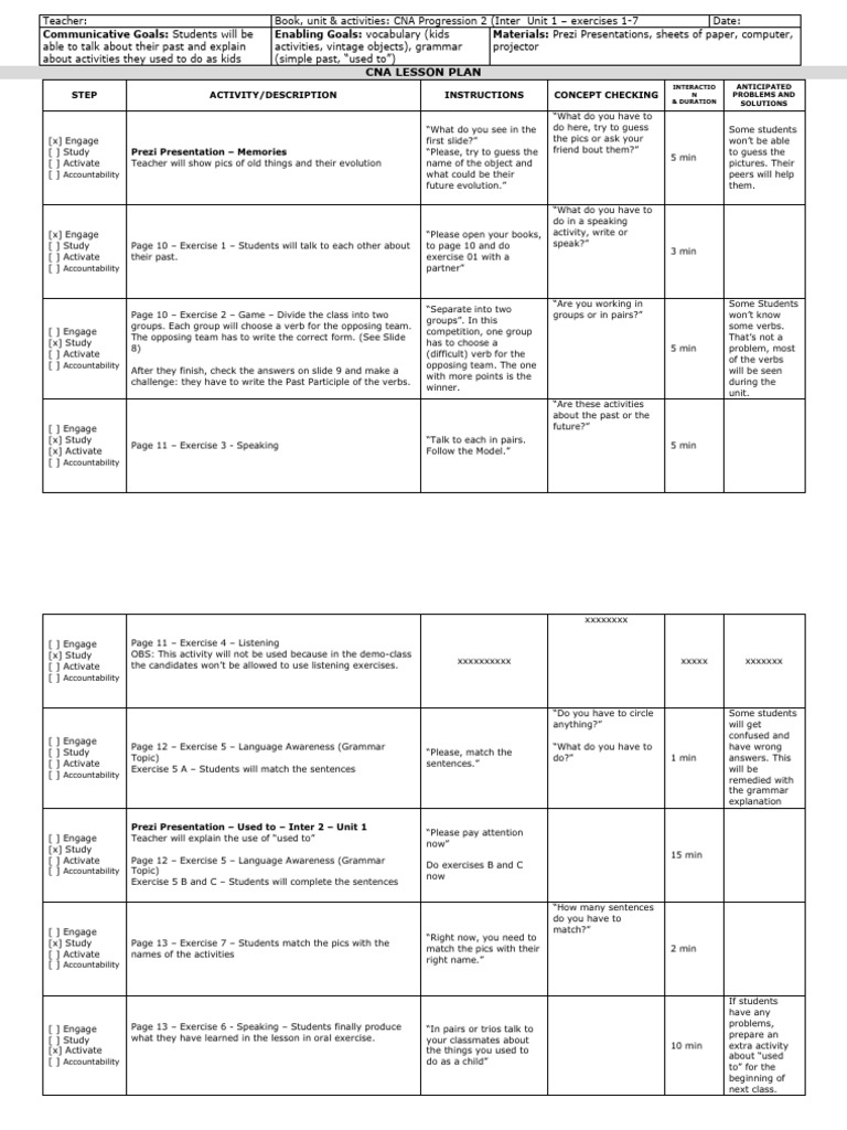 CNA Class Plan - Inter 2 - Unit 1 - Exercises 01-07 | PDF | Verb | Behavior Modification