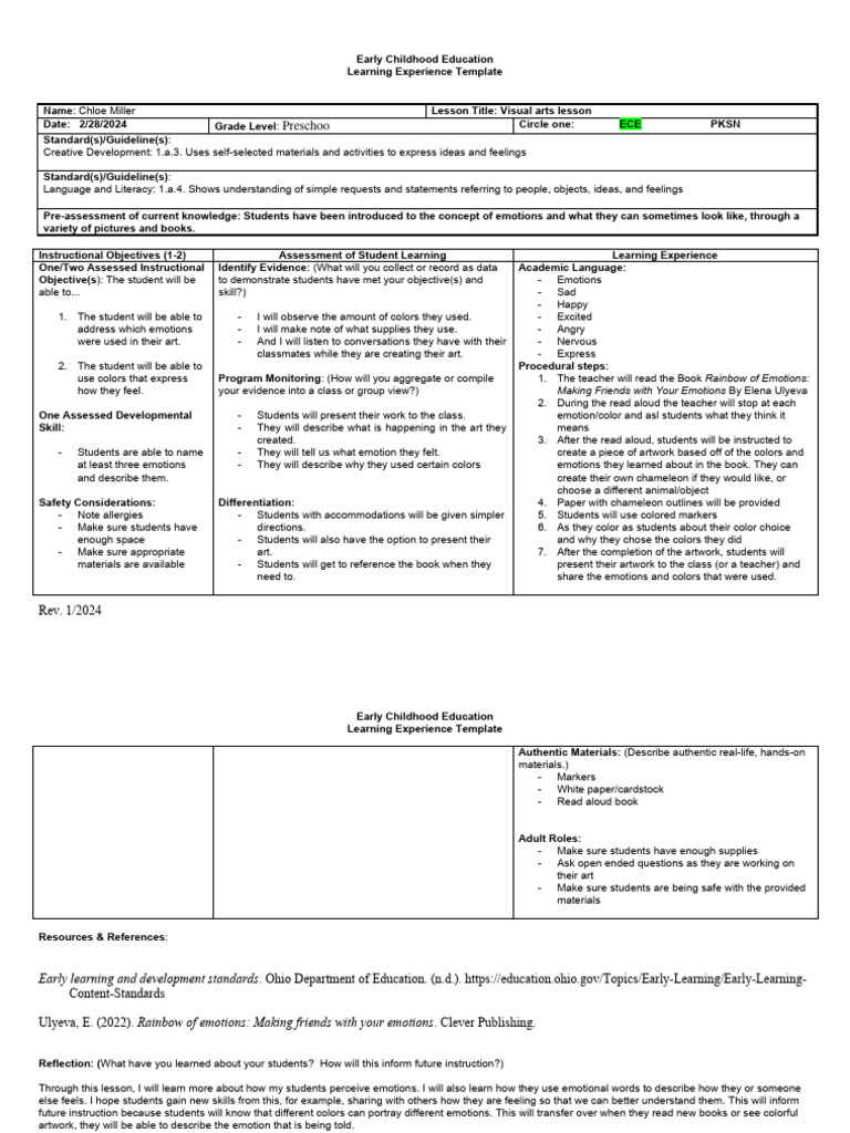 edt 317 visual arts lesson plan | PDF | Early Childhood Education ...