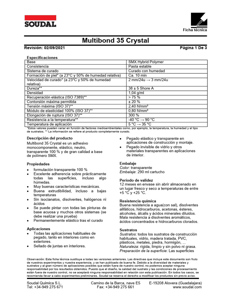 Multibond 35 Crystal: Revisión: 02/09/2021 Página 1 de 3 | PDF | Ultravioleta | Agua