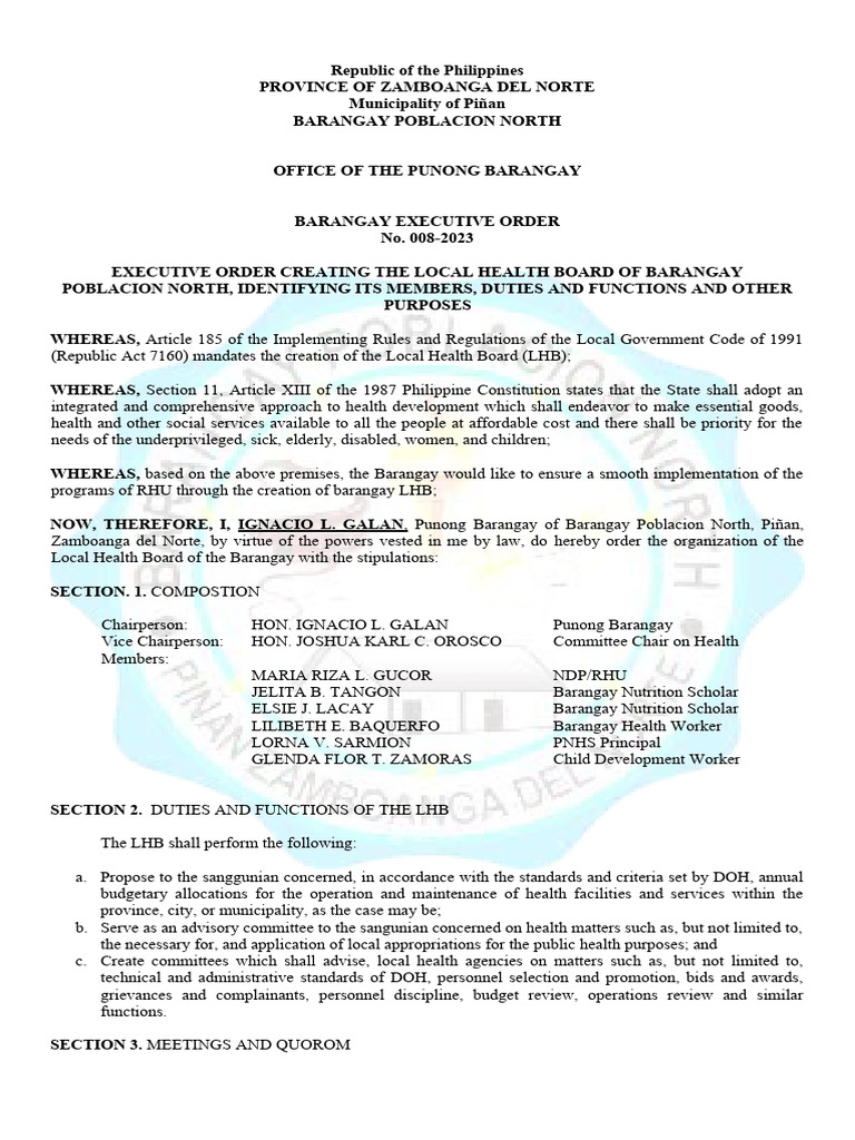 Local Health Board Creation Order | PDF | Executive Order | Quorum