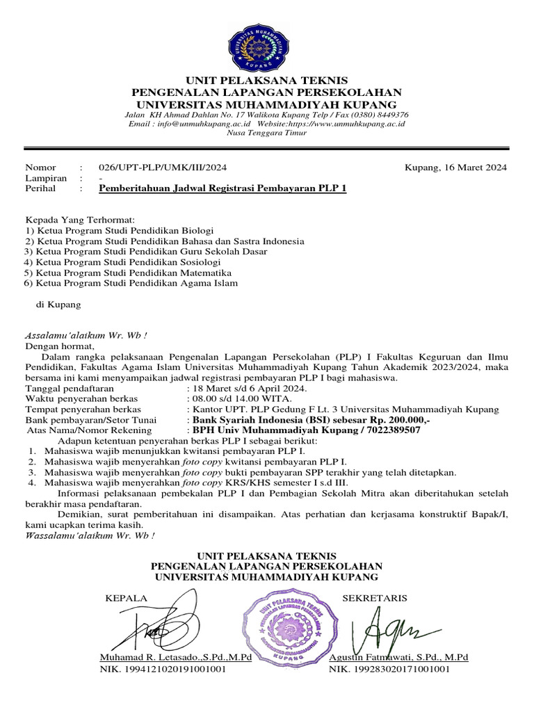 Surat Jadwal PLP 1 | PDF
