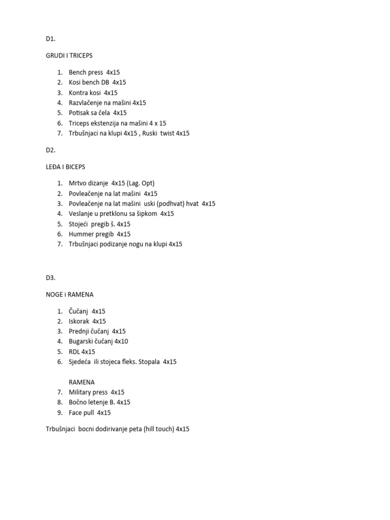 Program Treniranja Po Danima | PDF